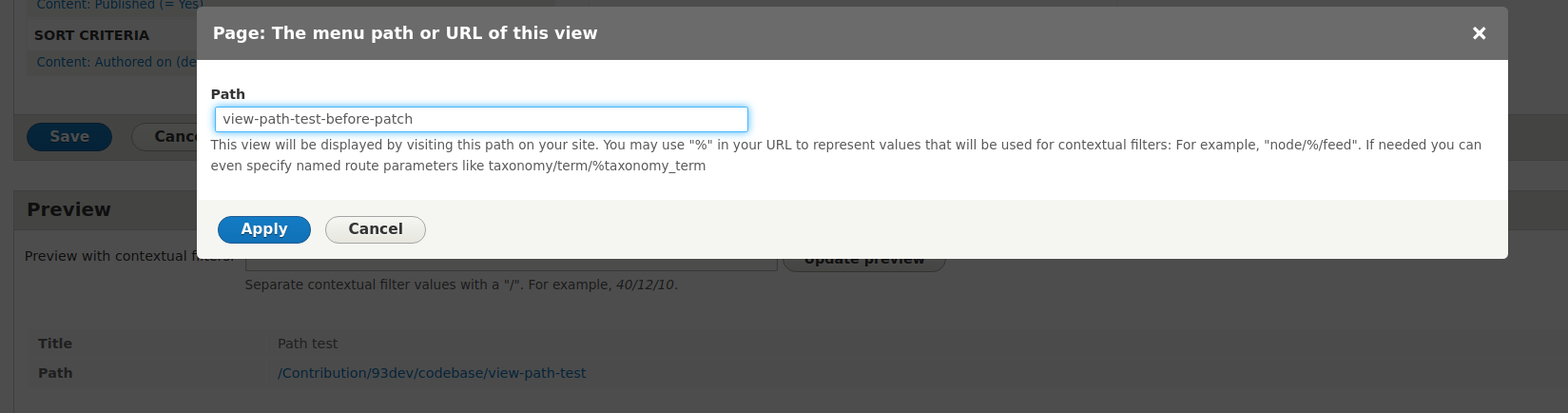 Views UI preview does not respect changed 'path' option until saving [#2620134] | Drupal.org