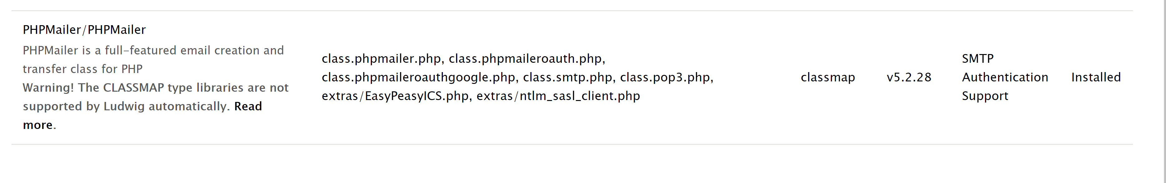 Ludwig shows phpmailer is installed, but throws error "Warning! The CLASSMAP type libraries are ...