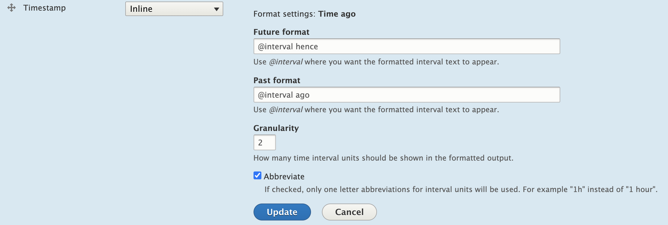 Add support for abbreviated time ago date formats (i.e., '3d 13h 5m ago') [#1439380] | Drupal.org