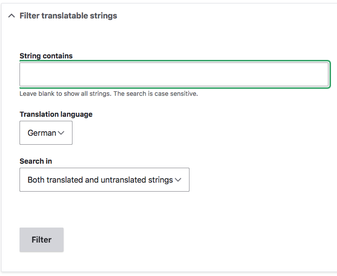On the user interface translation page the outline of all four focusable elements in the filter ...