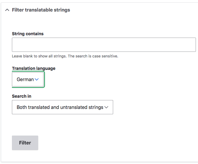 On the user interface translation page the outline of all four focusable elements in the filter ...