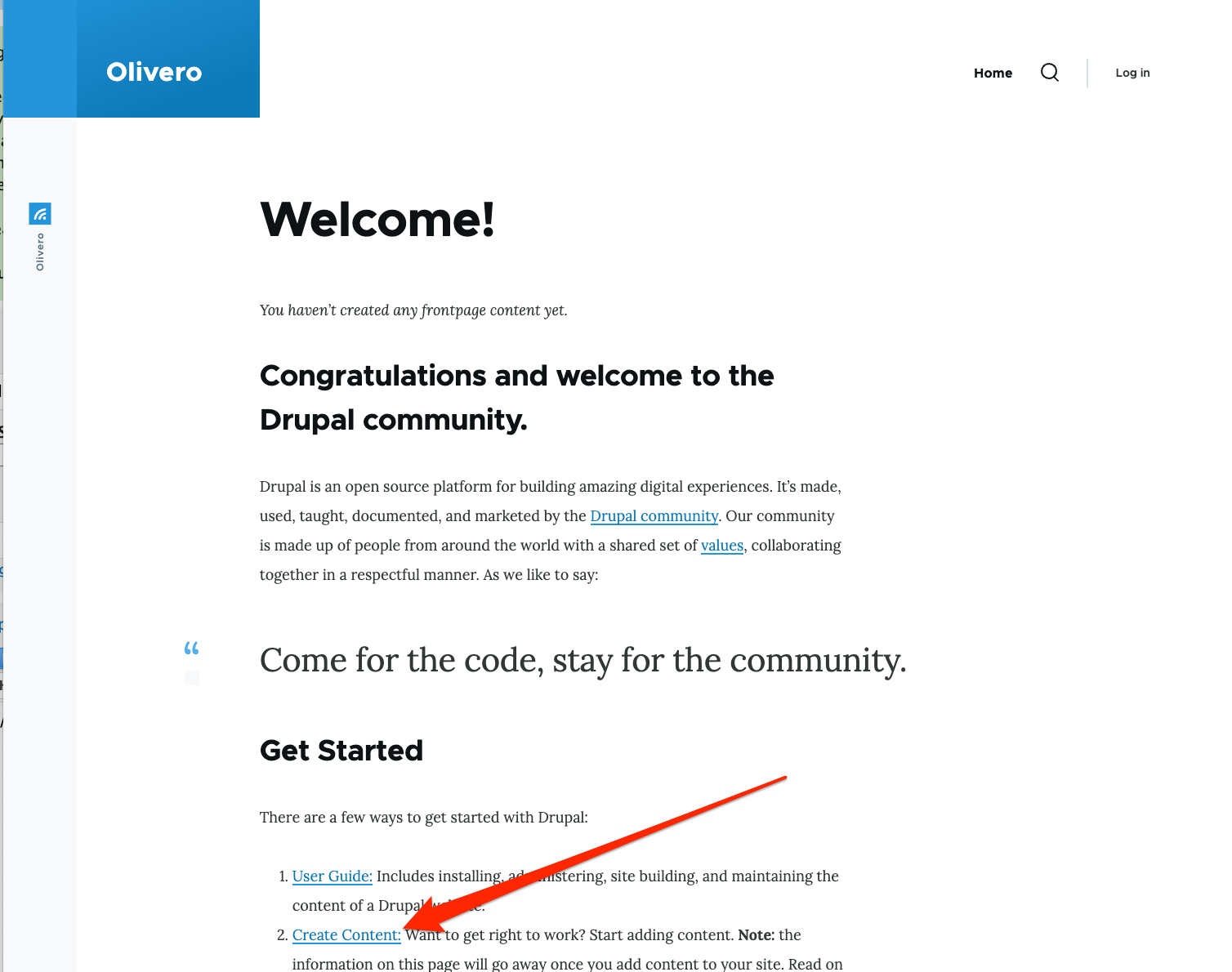 "Create content" link within Olivero's "Getting started" page doesn't account for base directory ...