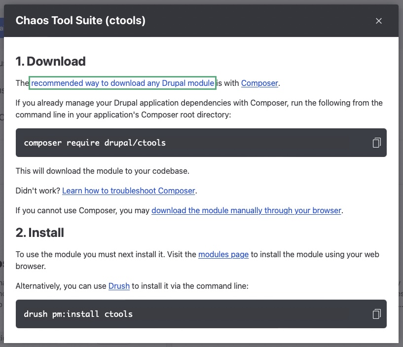 Don’t rely on Drush in the instructional modal for adding and installing a module [#3315853 ...