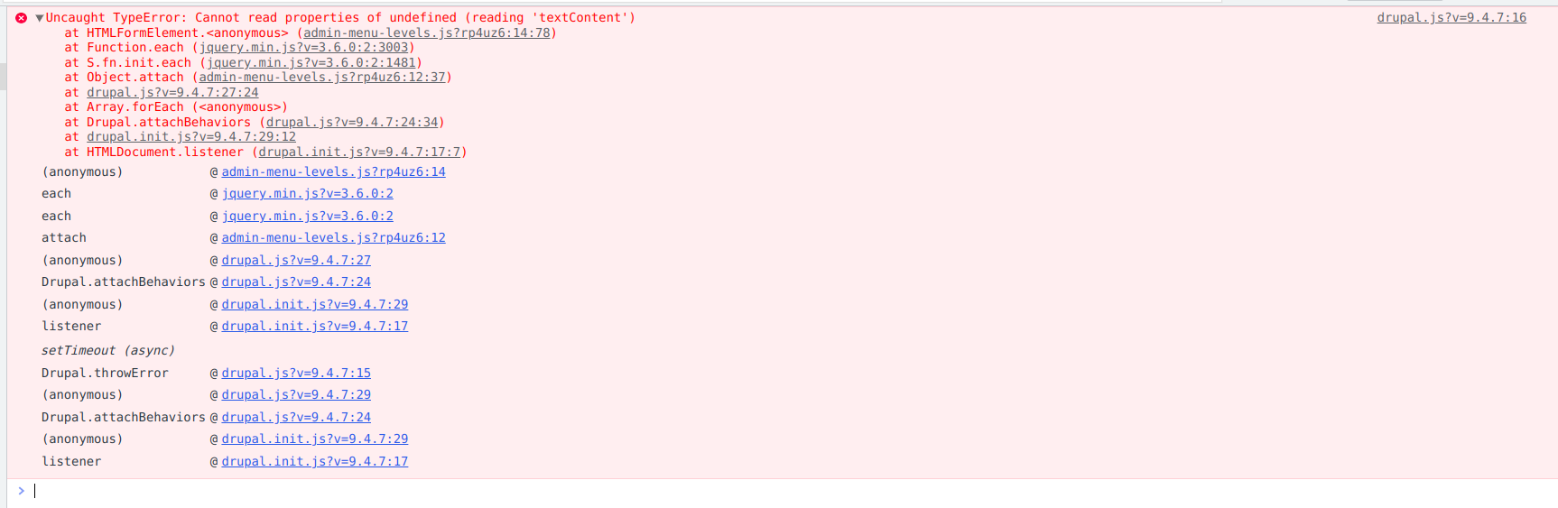 Console error in module: Uncaught TypeError [#3336824] | Drupal.org