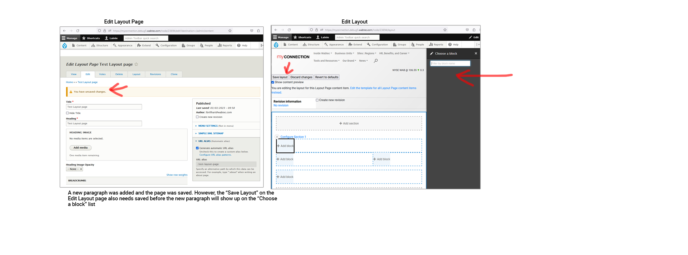 Layout builder blocks do not appear if layout edit page is not saved first [#3346580] | Drupal.org