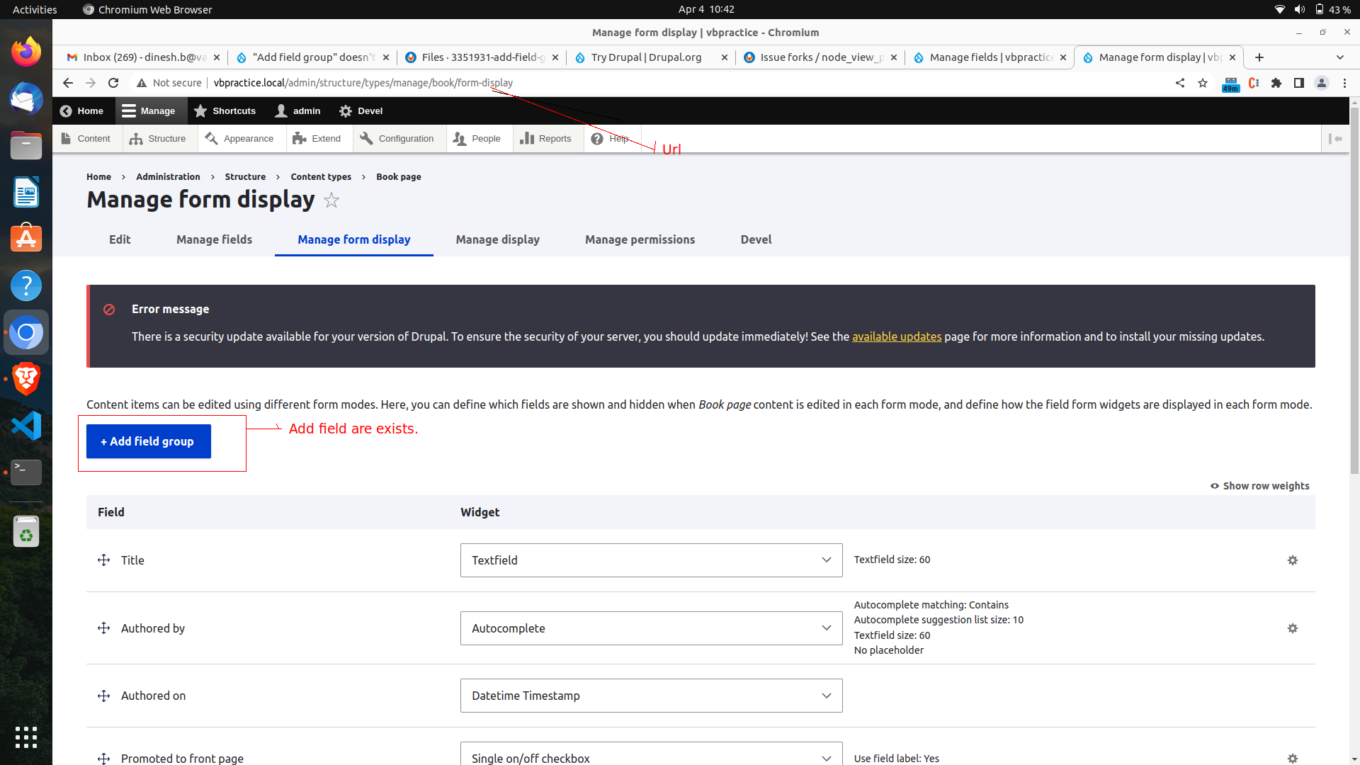 "Add field group" doesn't appear in Manage form display for Book page node type [#3351931 ...