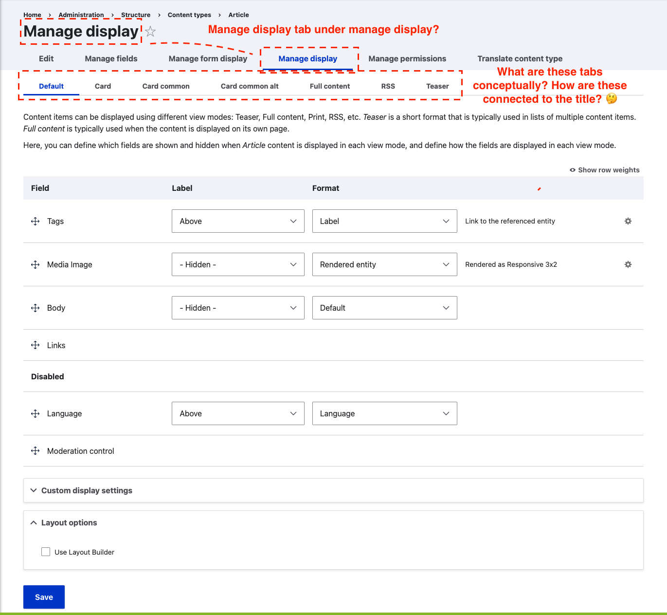[regression] Pages Manage Fields, Manage form, Manage display should include name of content ...