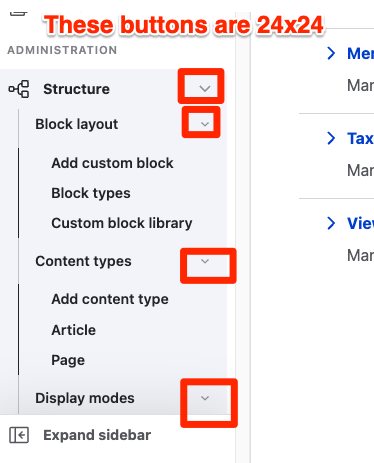 Ensure all button elements are 44px x 44px per WCAG SC 2.5.5 [#3377155] | Drupal.org
