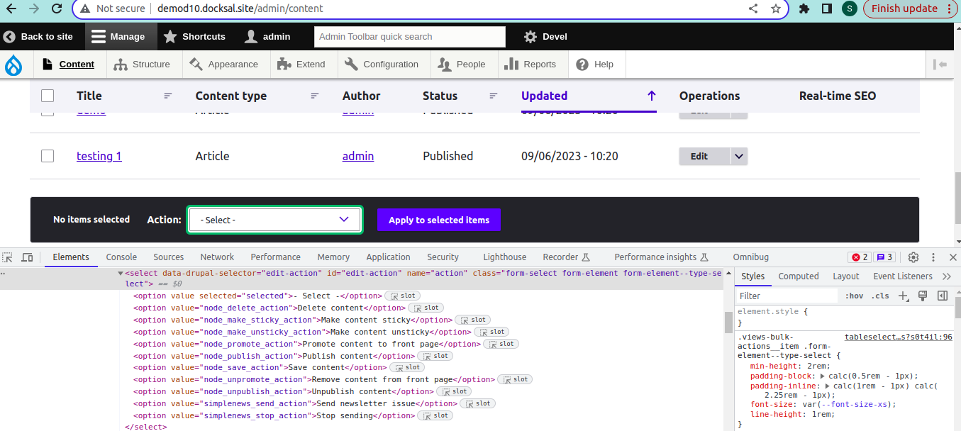 Dropdown is hidden in the contents overview page. [#3386364] | Drupal.org