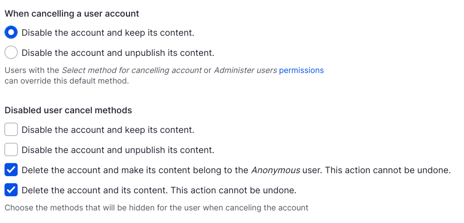 Allow user admins to choose the user cancellation method on the user deletion confirmation form ...