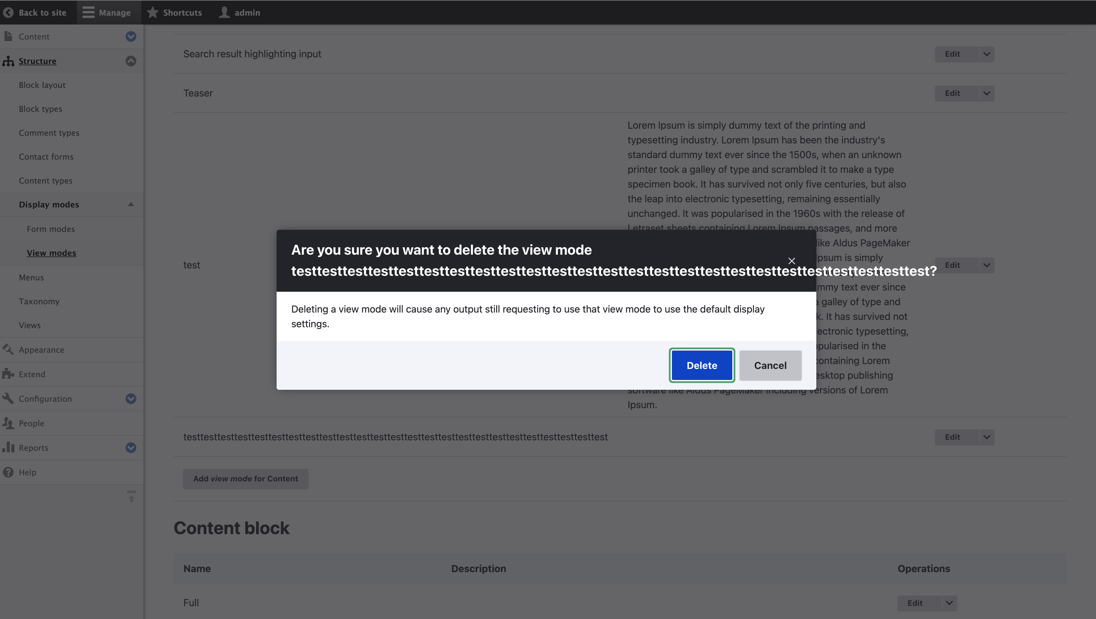 The label overflows out of the delete modal. [#3400027] | Drupal.org