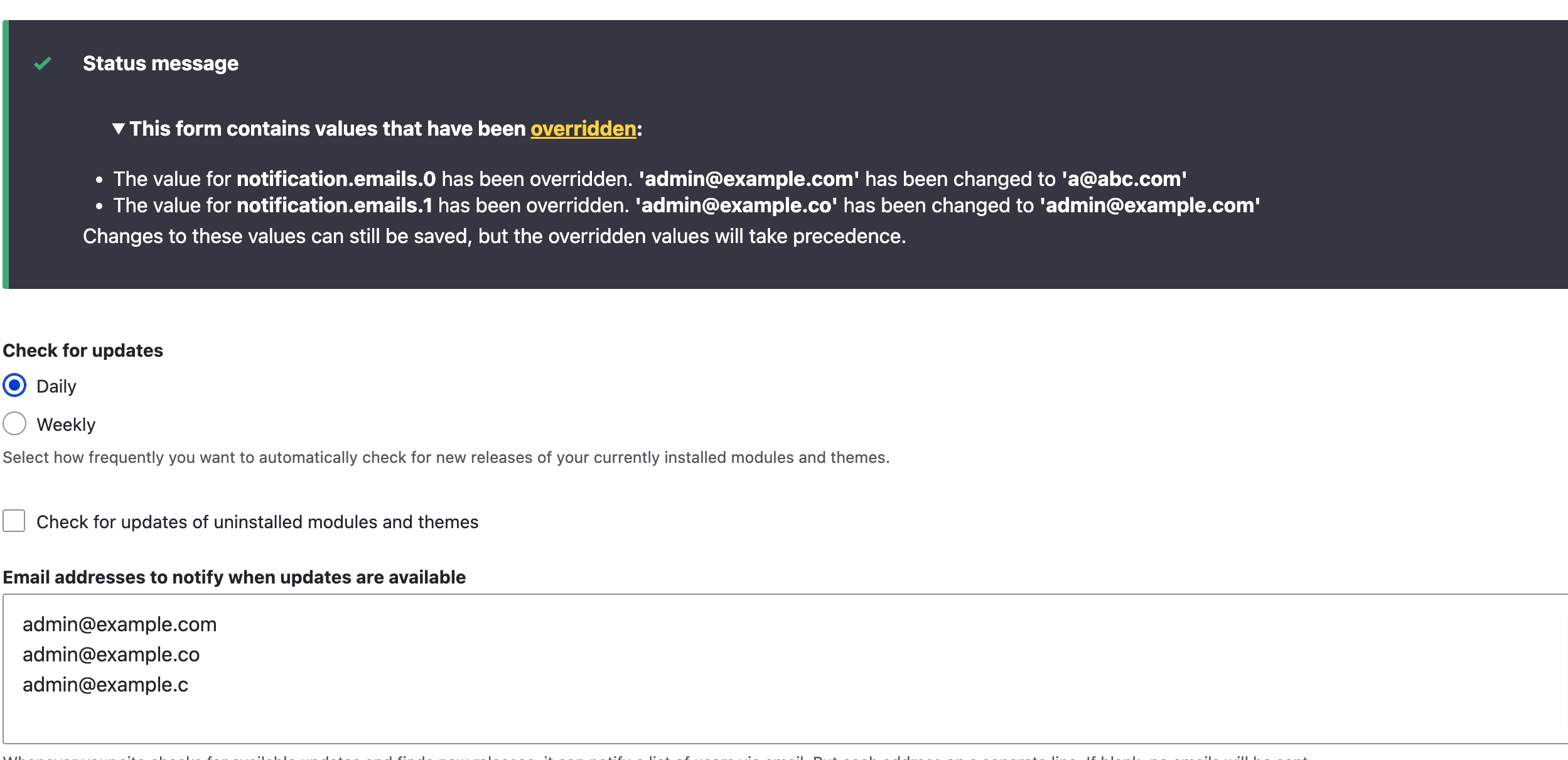 Display status message on configuration forms when there are overridden values [#2408549 ...