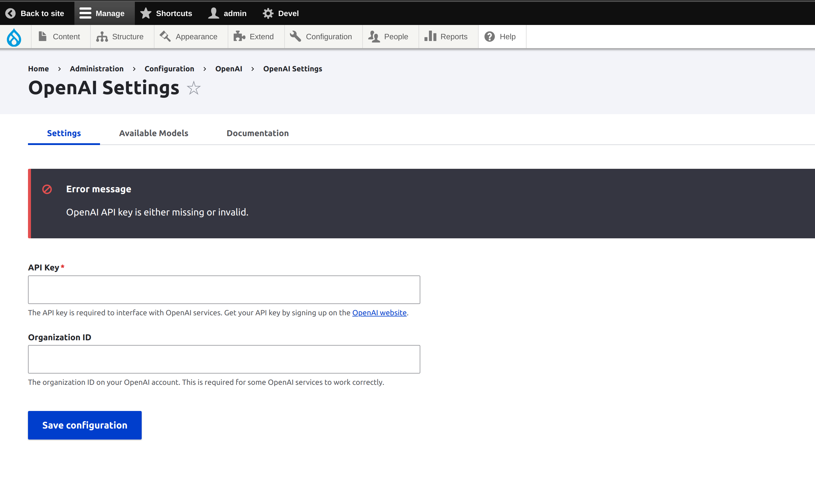 Getting an error on chapgpt configure page. [#3403576] | Drupal.org