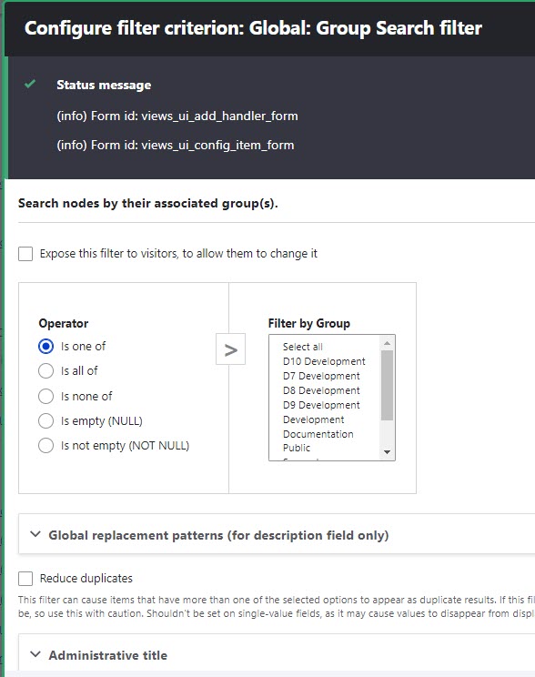 Views filter for group reference entities to display select list all ...