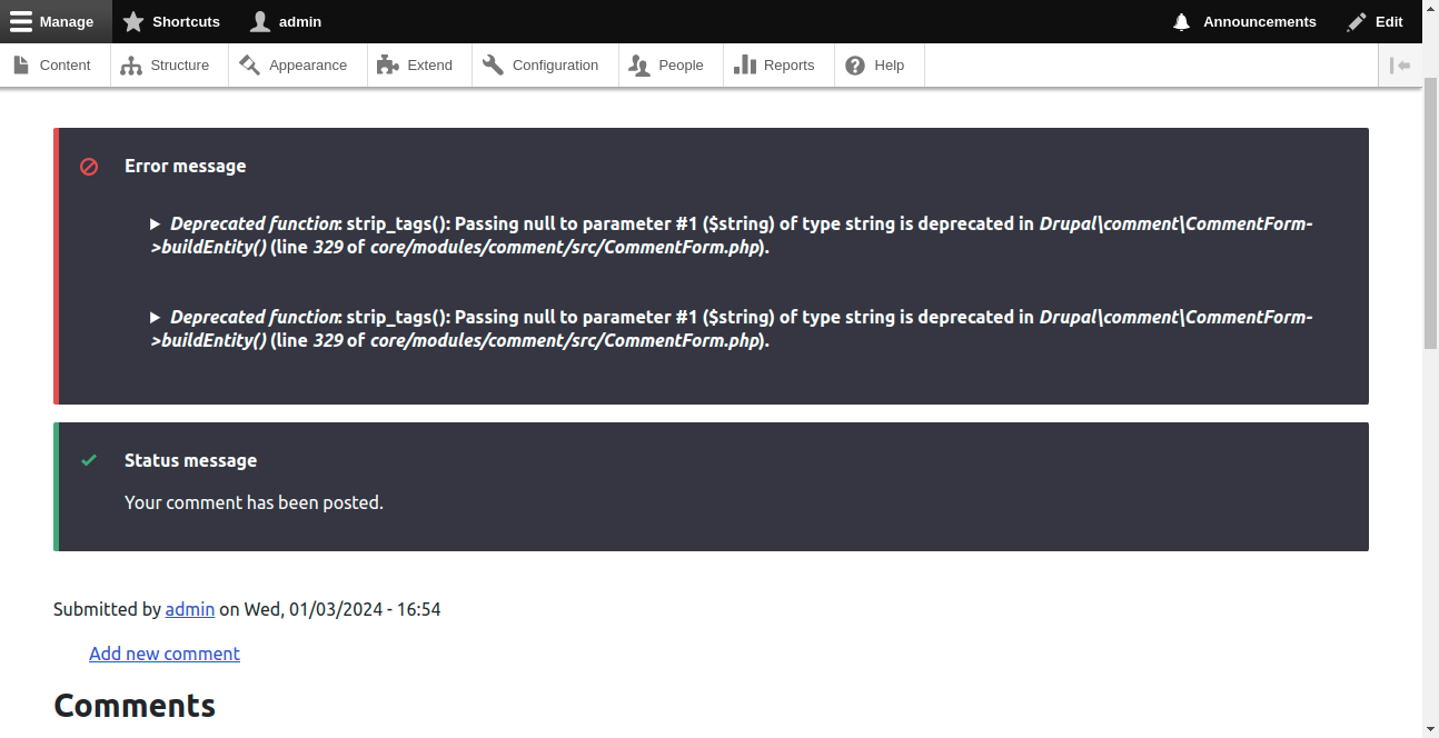 Comment form gives deprecated warnings on PHP 8.1 when comment is empty [#3322894] | Drupal.org