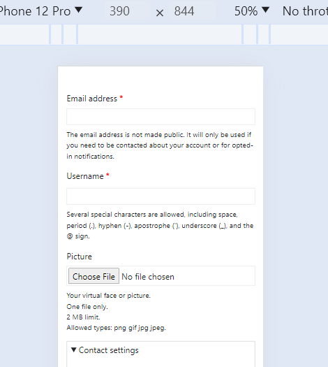 On mobile and ipad view, User Register page is not responsive. [#3419400] | Drupal.org