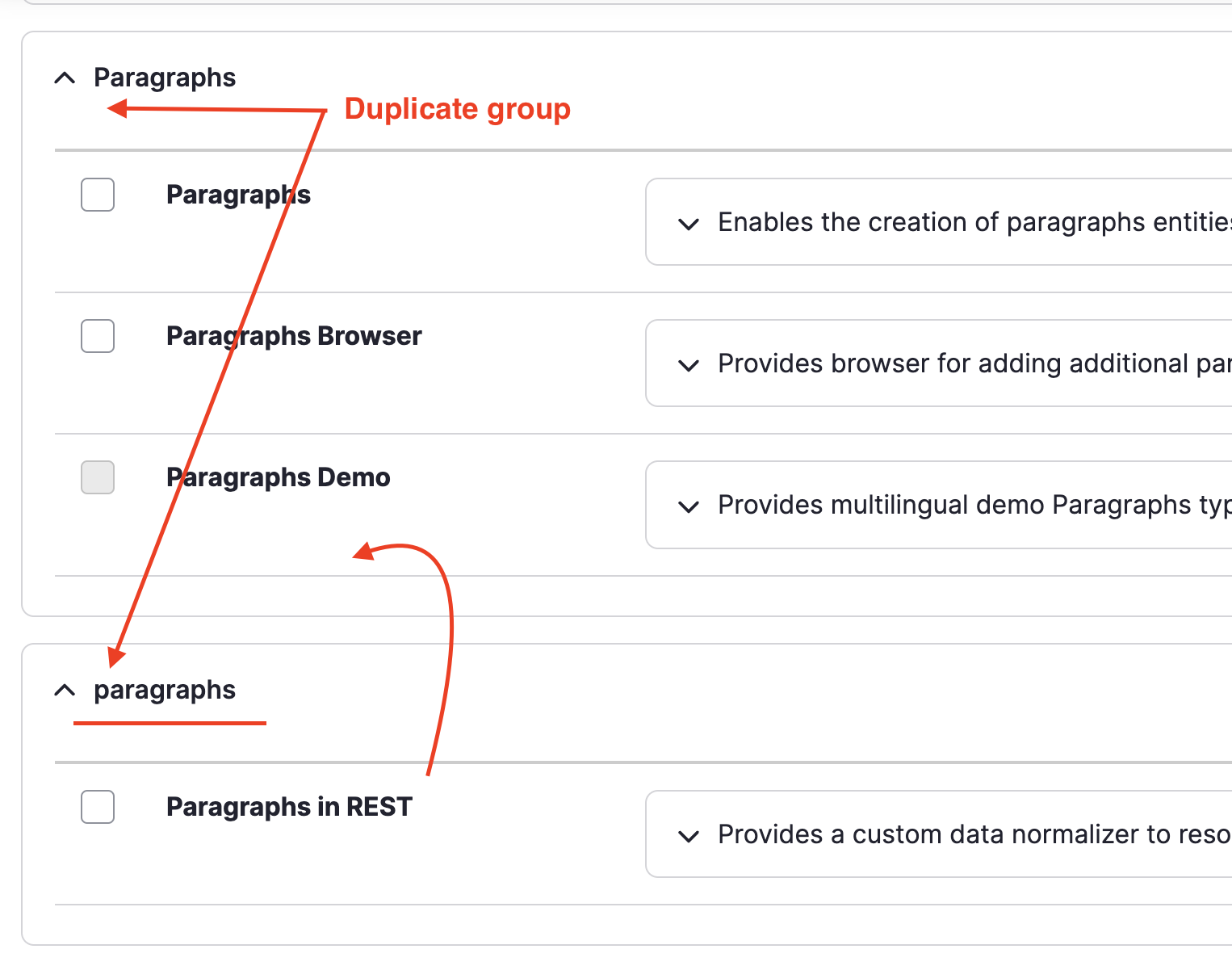 Duplicate "Paragraphs" groups are creating on Extend page. [#3425646] | Drupal.org