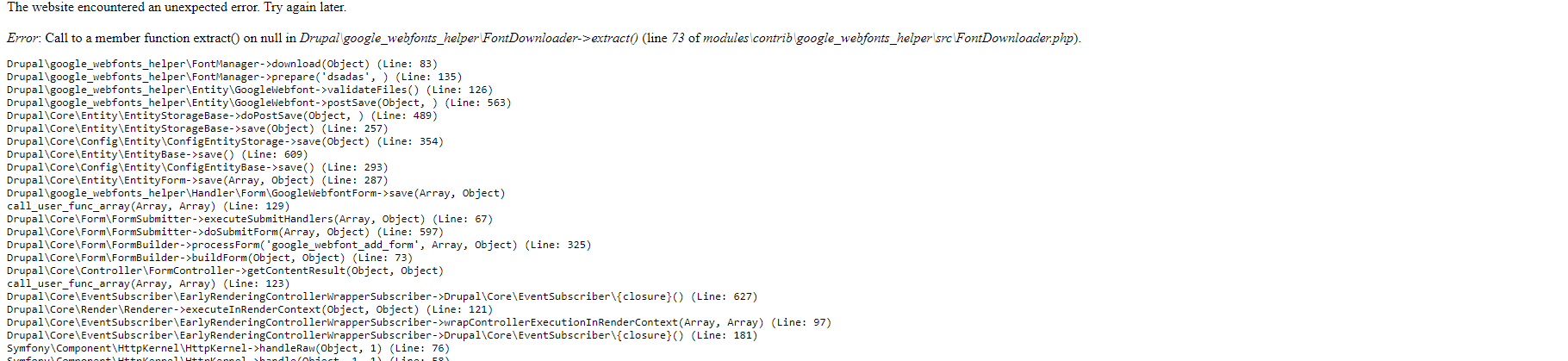 Call to a member function extract() on null in Drupal\google_webfonts_helper\FontDownloader ...