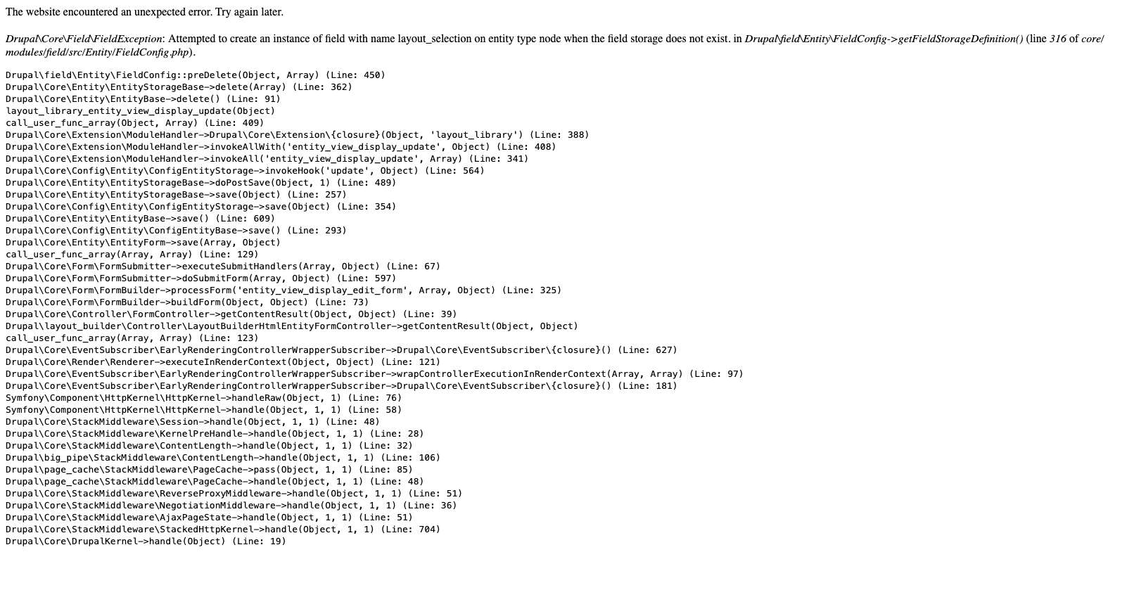 Disabling Layout Builder Library for a bundle throws FieldException Error [#3439763] | Drupal.org