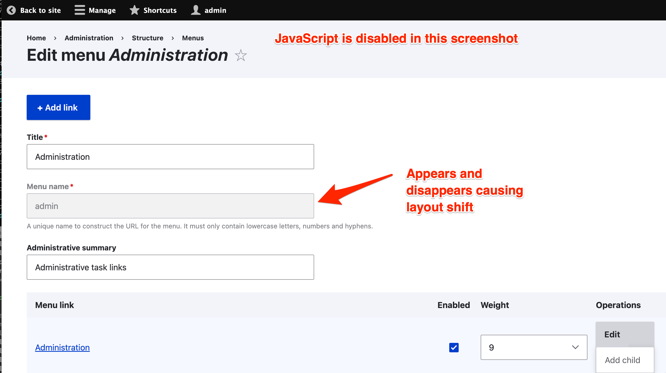 Read only "machine name" field appears and disappears within certain admin pages, causing layout ...