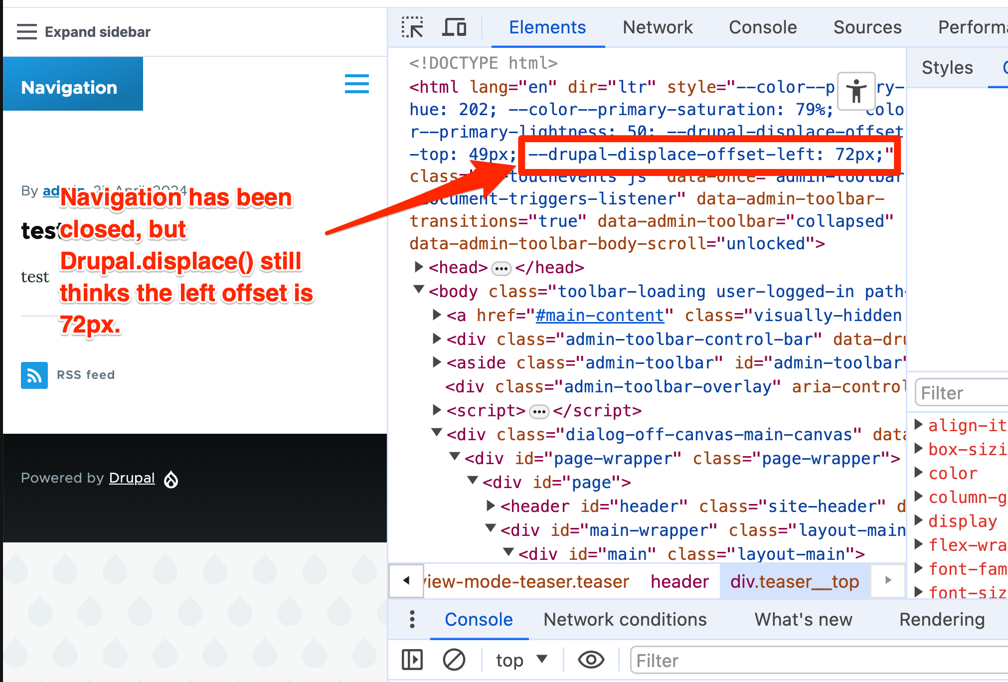 Mobile version of Navigation menu doesn't properly reset Drupal.displace() on closing [#3443576 ...