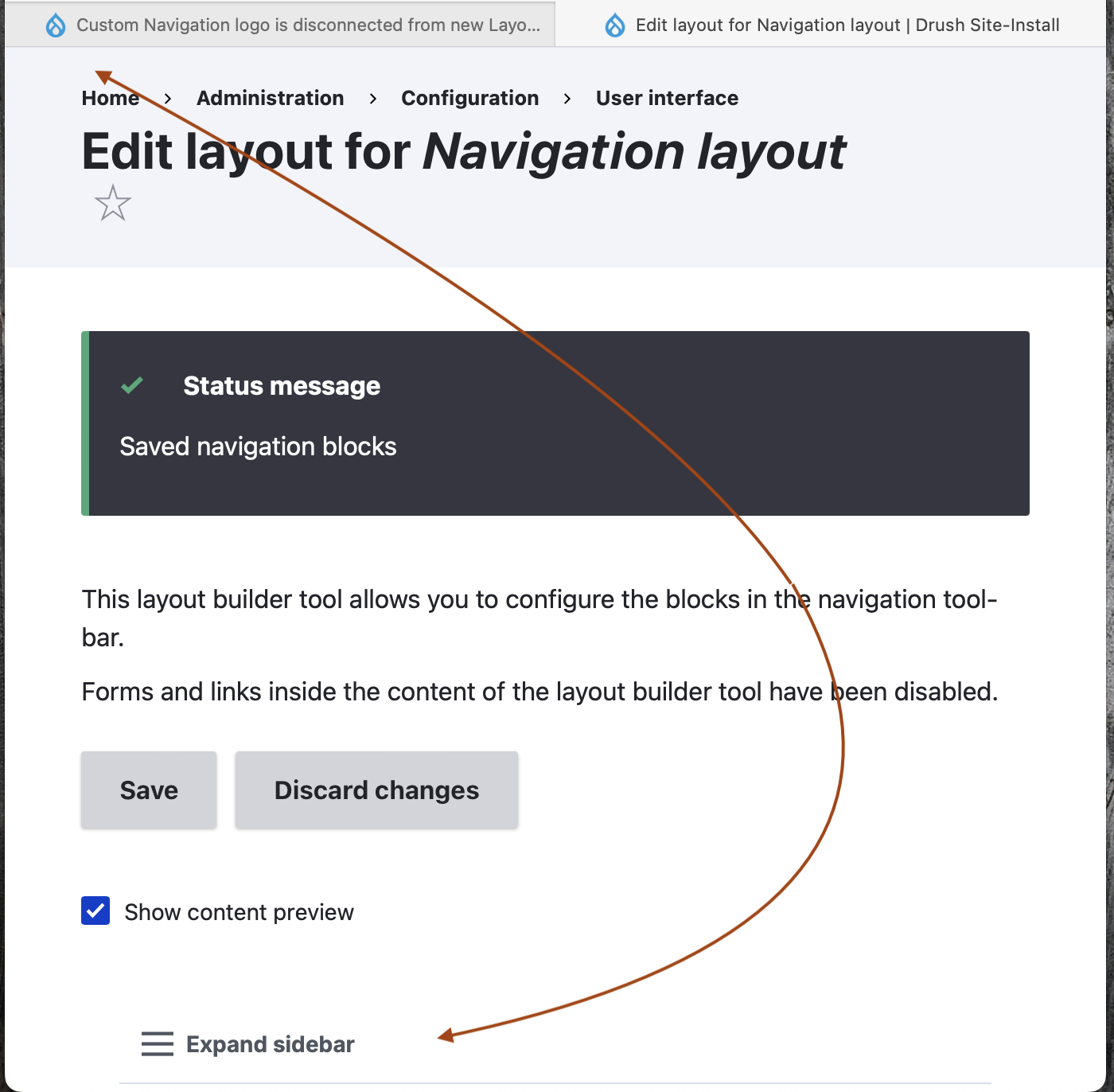 Navigations 'expand sidebar' on Layout Builder UI is in wrong location ... Navigations 'expand sidebar' on Layout Builder UI is in wrong location ...