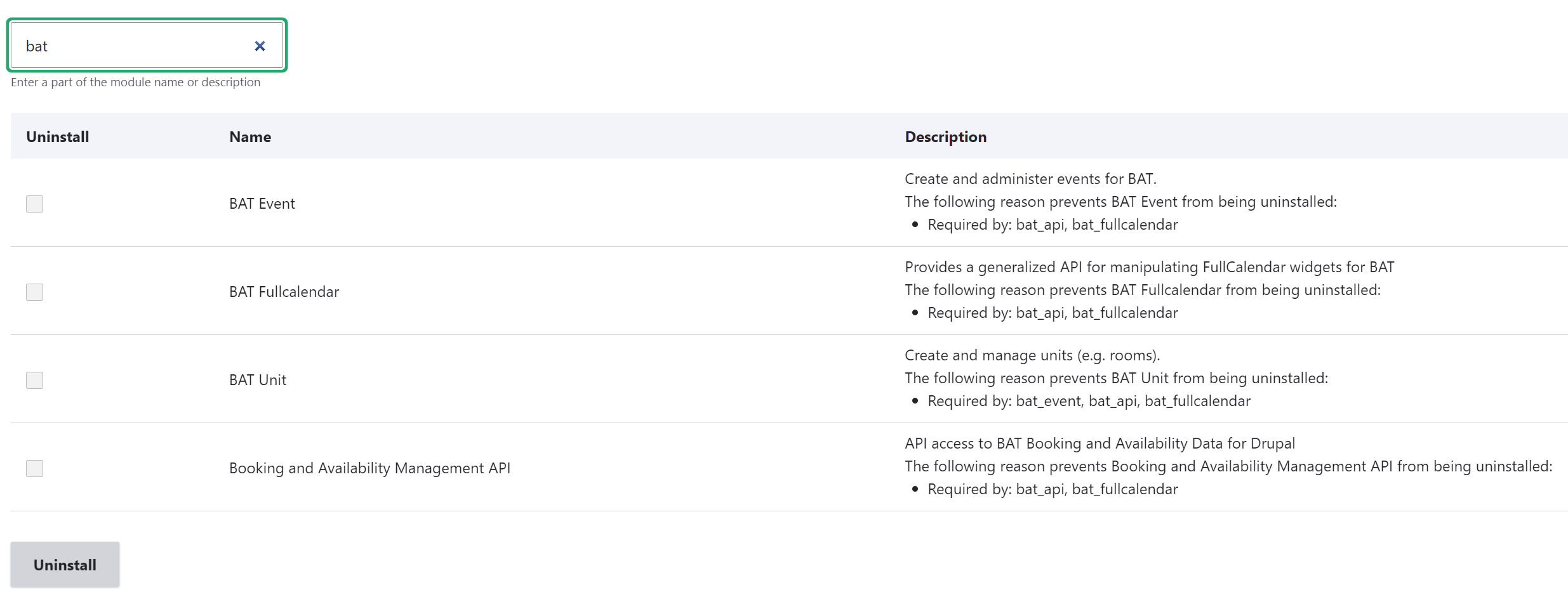 Cannot uninstall bat modules [#3454967] | Drupal.org