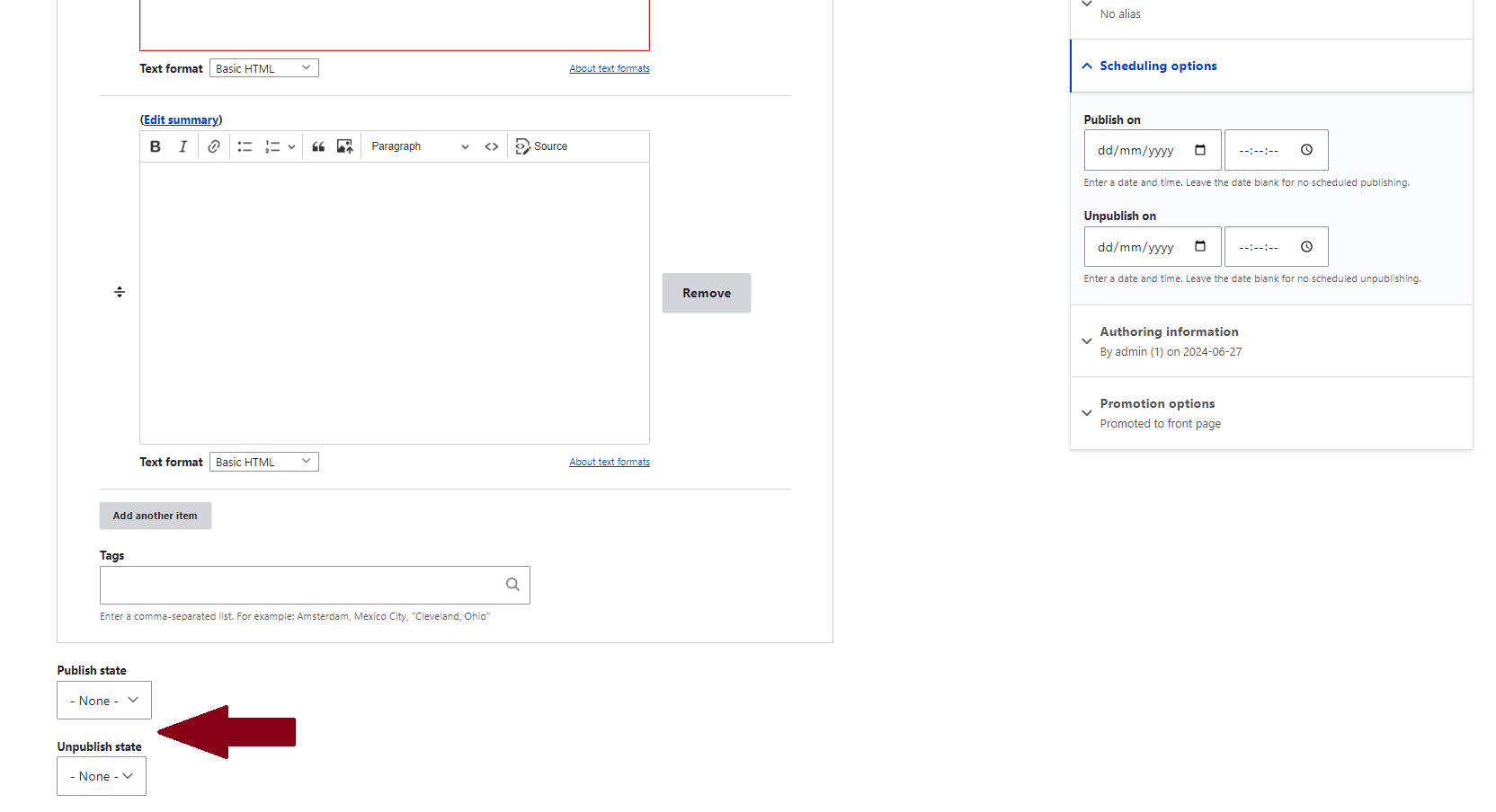 The Publish and Unpublish state fields render outside of the scheduling options fieldset when ...