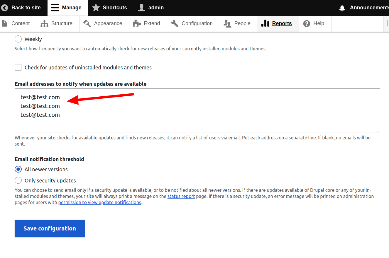 Update Manager Settings: Validate same email address added multiple times [#3459116] | Drupal.org