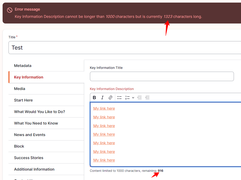 Url links (href) part of count ckeditor error message [#3463585] | Drupal.org