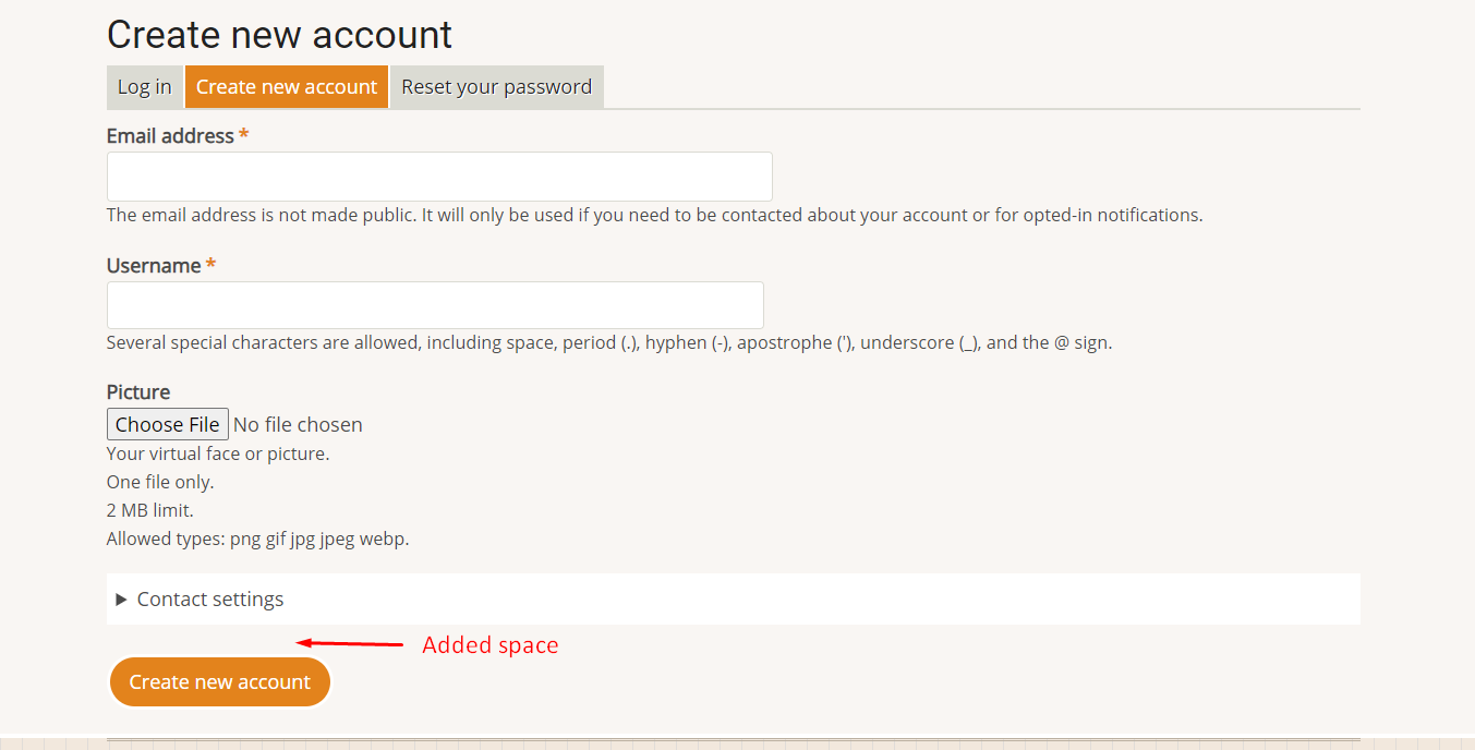 Spacing Issue When Contact Setting Closed On Create New Account Page 1160
