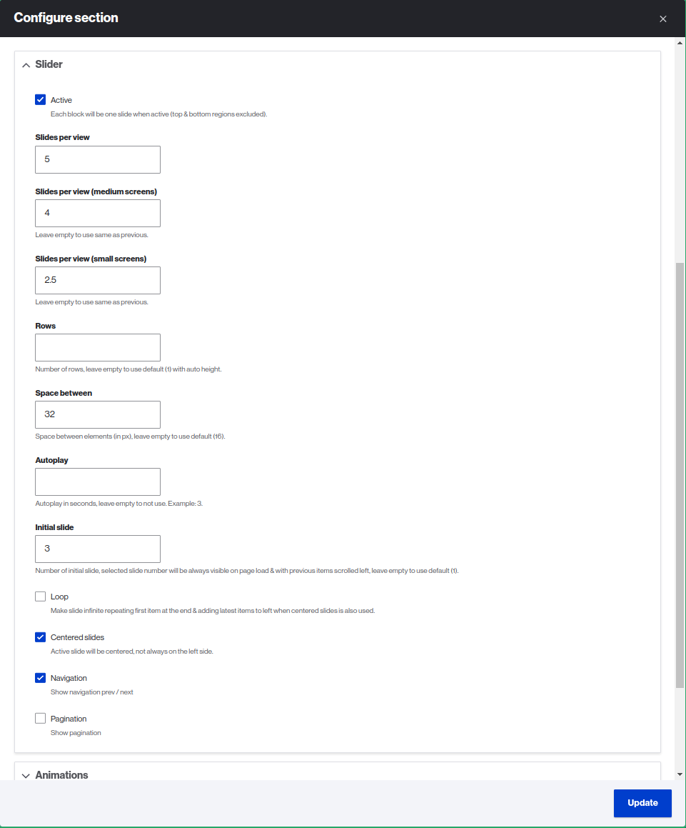 Slider add "centered slides", "initial slide" & "loop" options ...