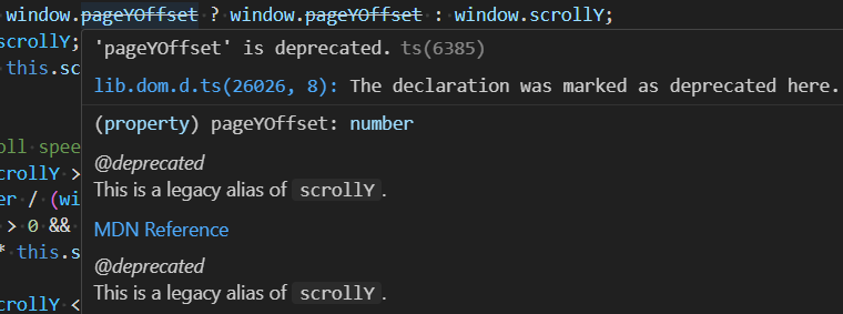 Prefer to replace all window.pageYOffset/window.pageXOffset with window.scrollY/window.scrollX ...
