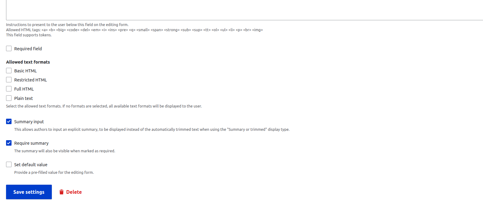 Can't uncheck "Require summary" and "Summary input" in the body field after I created & deleted ...
