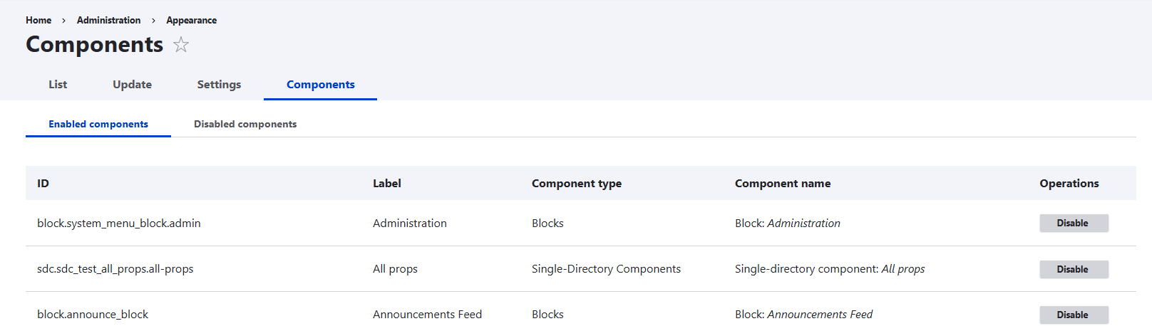 Move components listing to Appearance [#3516609] | Drupal.org