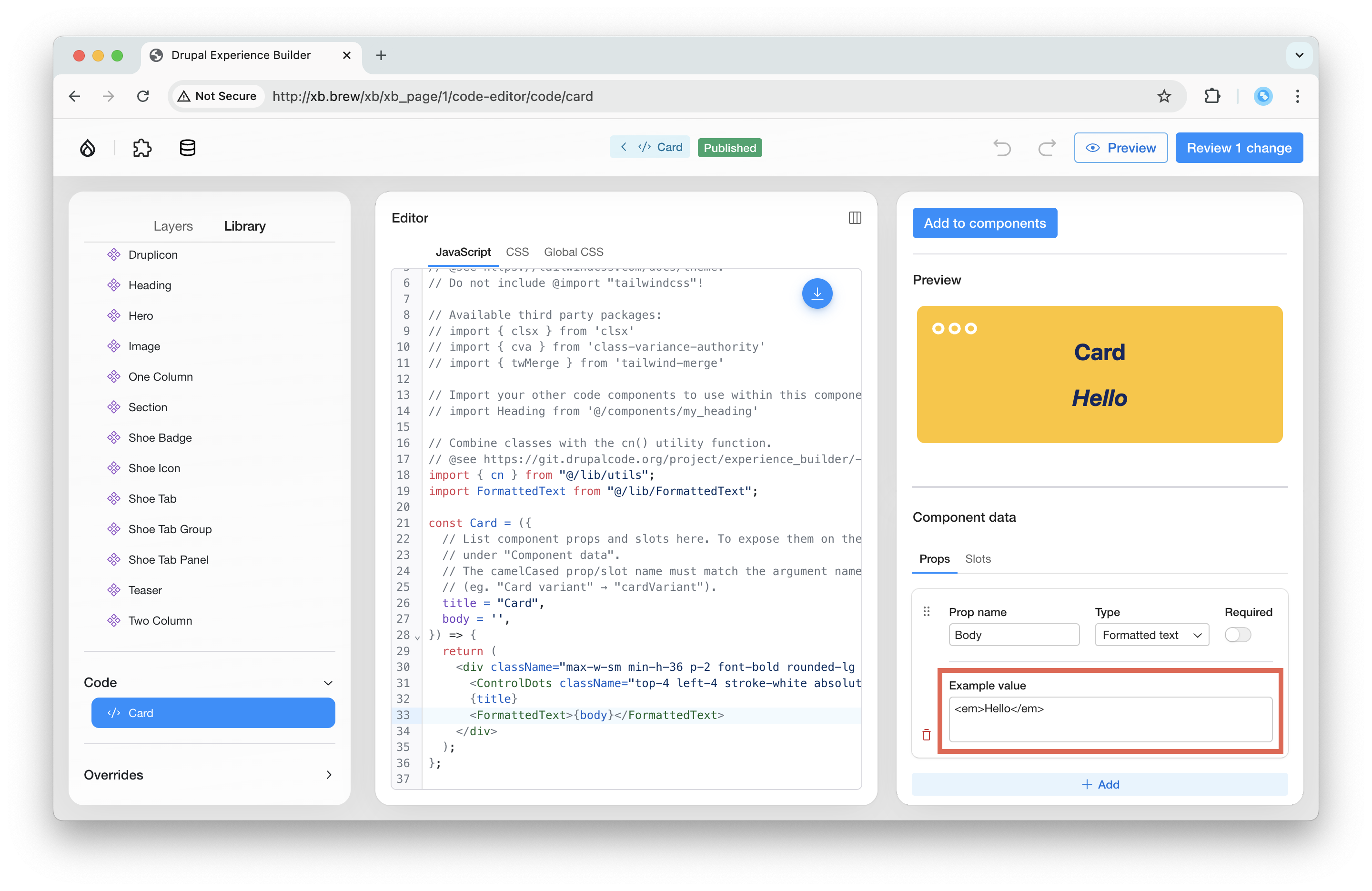 [PP-1] Use CKEditor 5 for example value in code editor formatted text prop [#3521724] | Drupal.org
