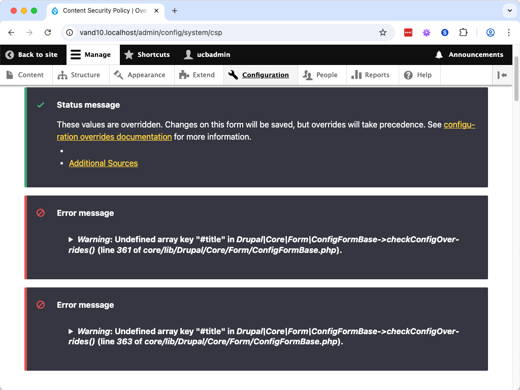 Config overrides cause PHP warning and missing link text [#3523996] | Drupal.org