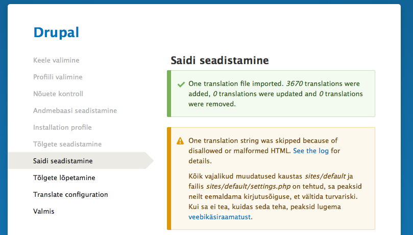Skipped translation import shows dblog link message that is not yet available in installer ...
