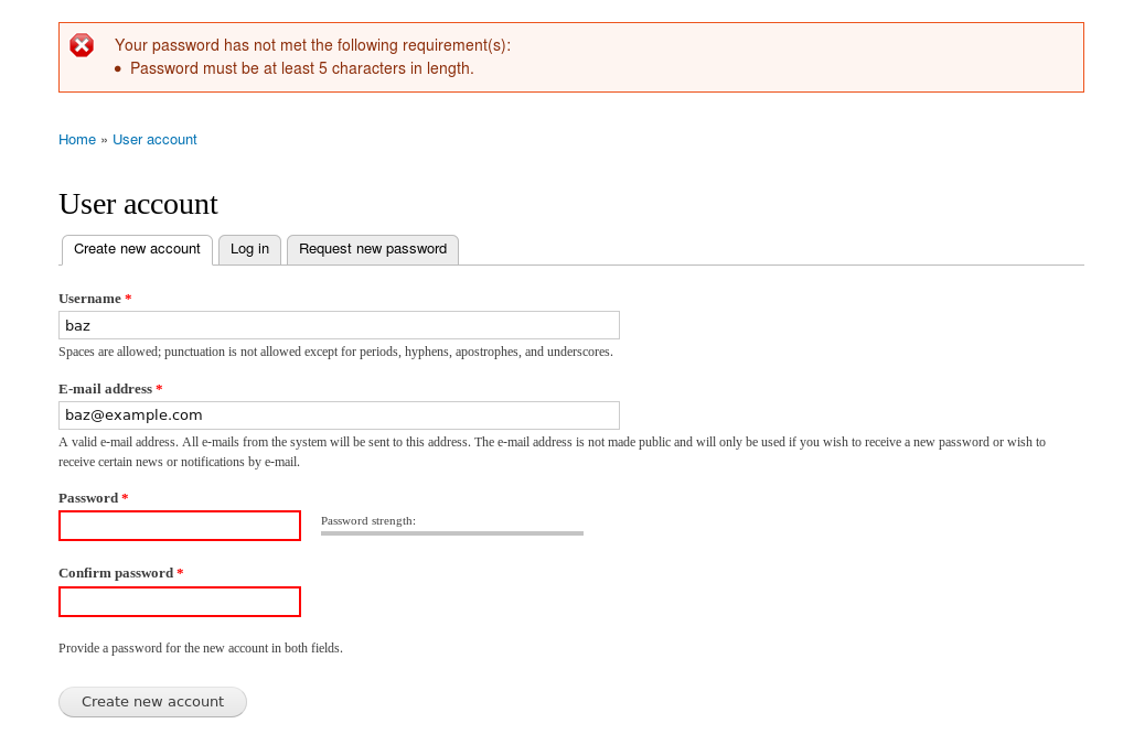 Password rules don't apply for registration form [#2190143] | Drupal.org