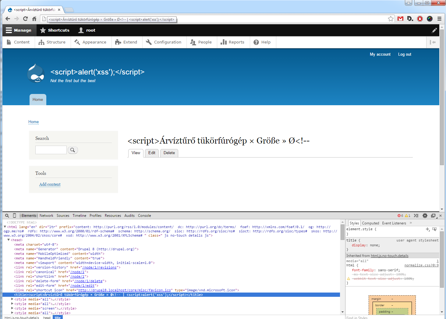 Remove SafeMarkup::set() from 'head' title on template_preprocess_html [#2369987] | Drupal.org