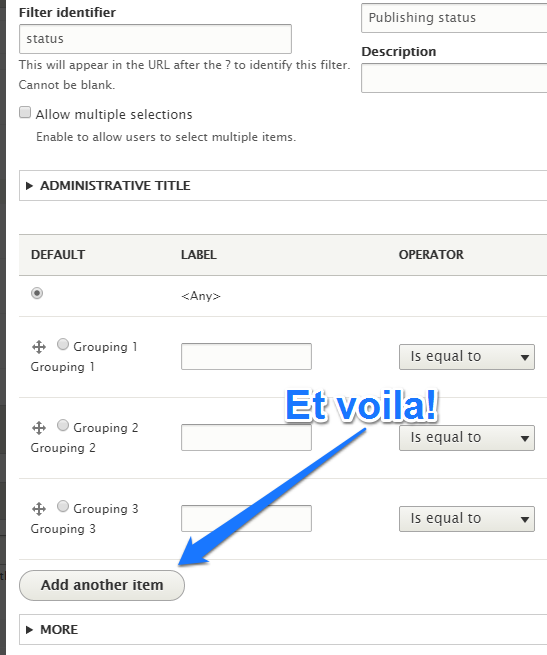 "Add another item" button in the wrong place for grouped filters [#2394693] | Drupal.org