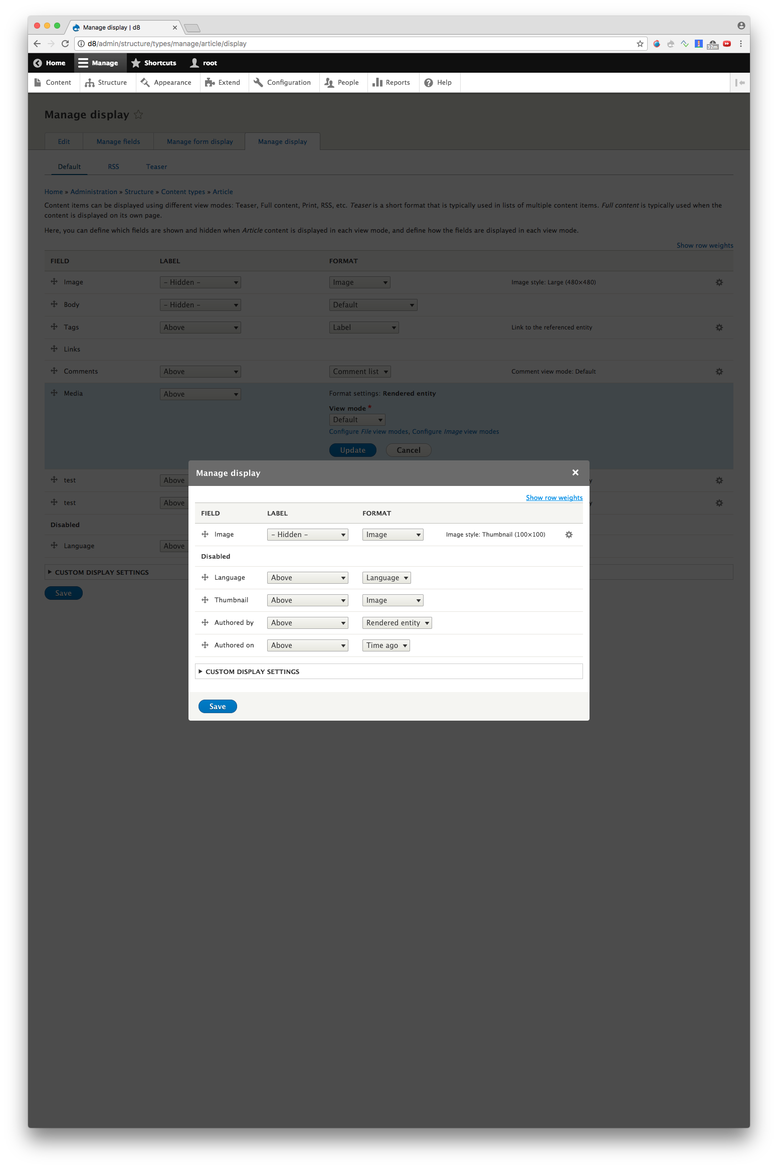 Use "rendered media" (not links) as default media field formatter; add modal to configure the ...