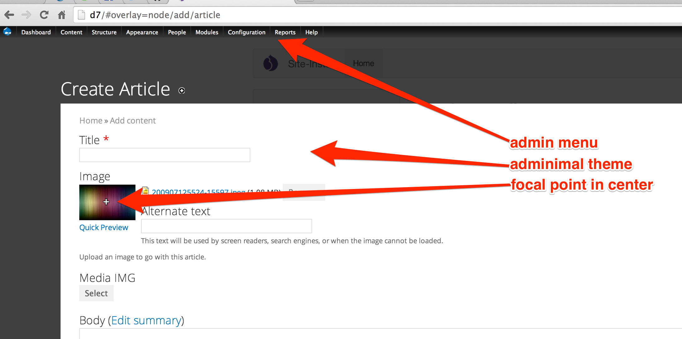 When using Adminimal Theme and Administration Menu and Admin Overlay Focal Point defaults to top ...