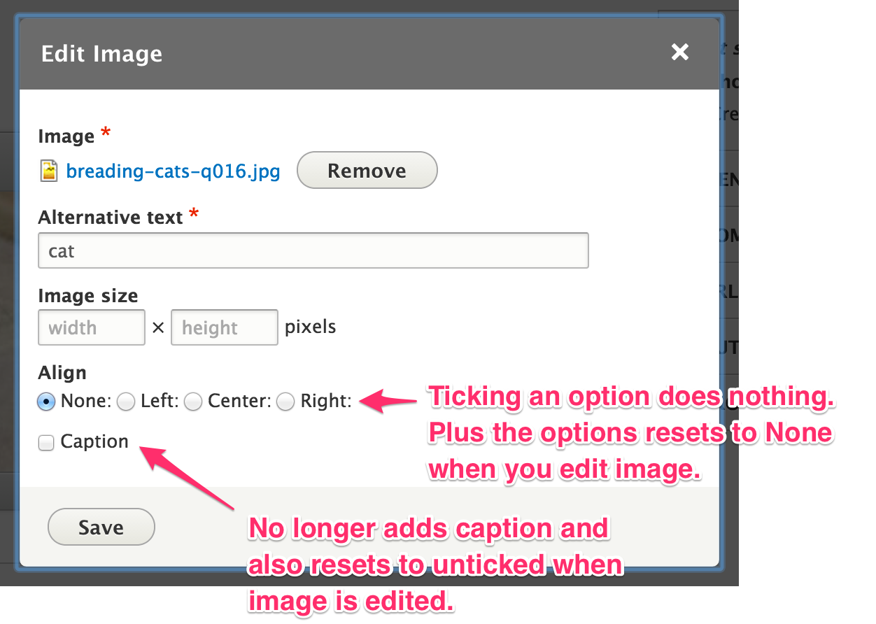 (regression) EditorImageDialog alignment & captioning are not working [#2540850] | Drupal.org