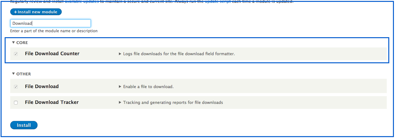 File Download Counter with wrong package in info file "Core" [#2884185] | Drupal.org