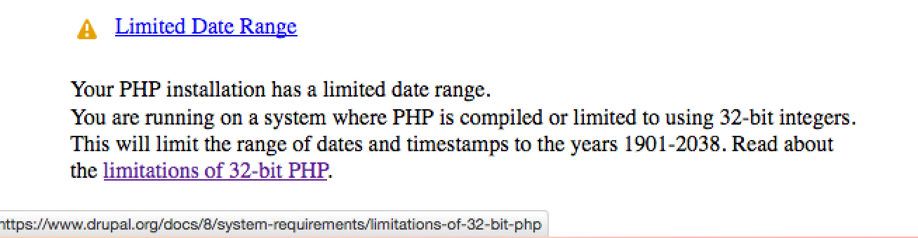 2038 bug with PHP timestamps on 32-bit systems - warn users? [#2795489] | Drupal.org
