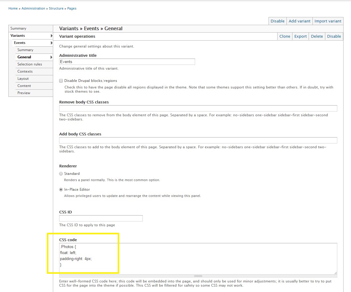 CSS code within Panels to display photos horizontally not working [#2569601] | Drupal.org