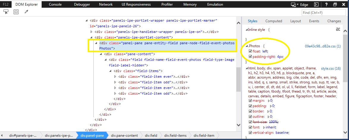 CSS code within Panels to display photos horizontally not working [#2569601] | Drupal.org