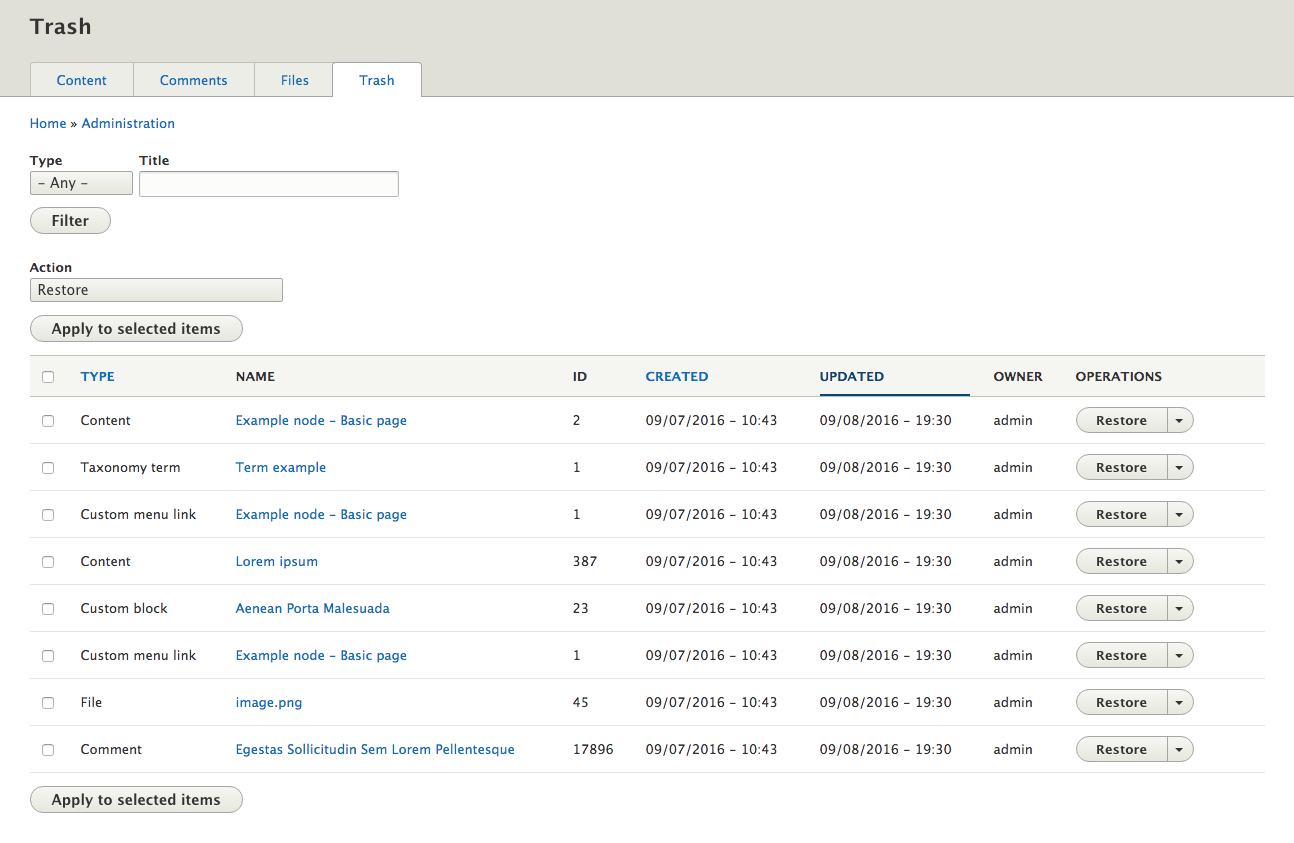 WI: UX prototypes for Trash module [#2725449] | Drupal.org