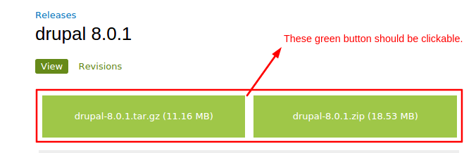 Drupal 8 download link should be enabled while click over the whole green button not only the ...